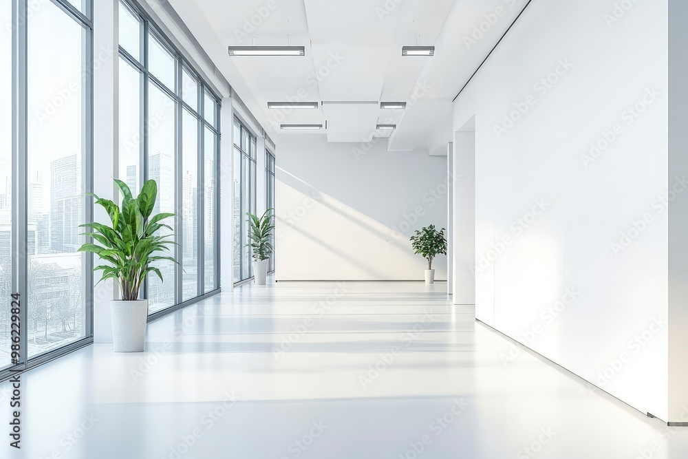Modern spacious office aisle with co-working space and empty white wall ...