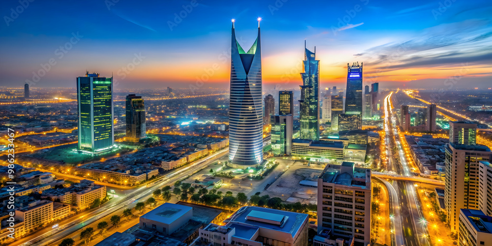 Stunning view of illuminated KAFD buildings at blue hour in Riyadh ...