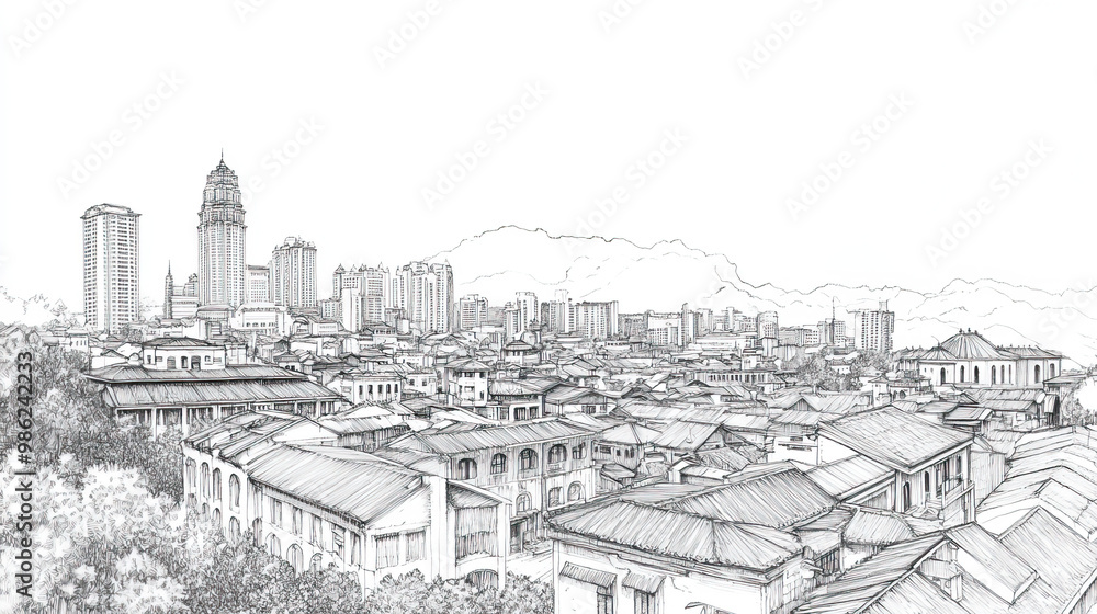 Ipoh, Malaysia, black and white pen pencil hand-drawn effect drawing ...