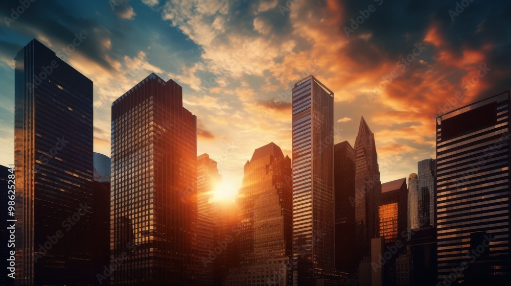 The sun sets behind towering skyscrapers, casting a warm, golden glow ...