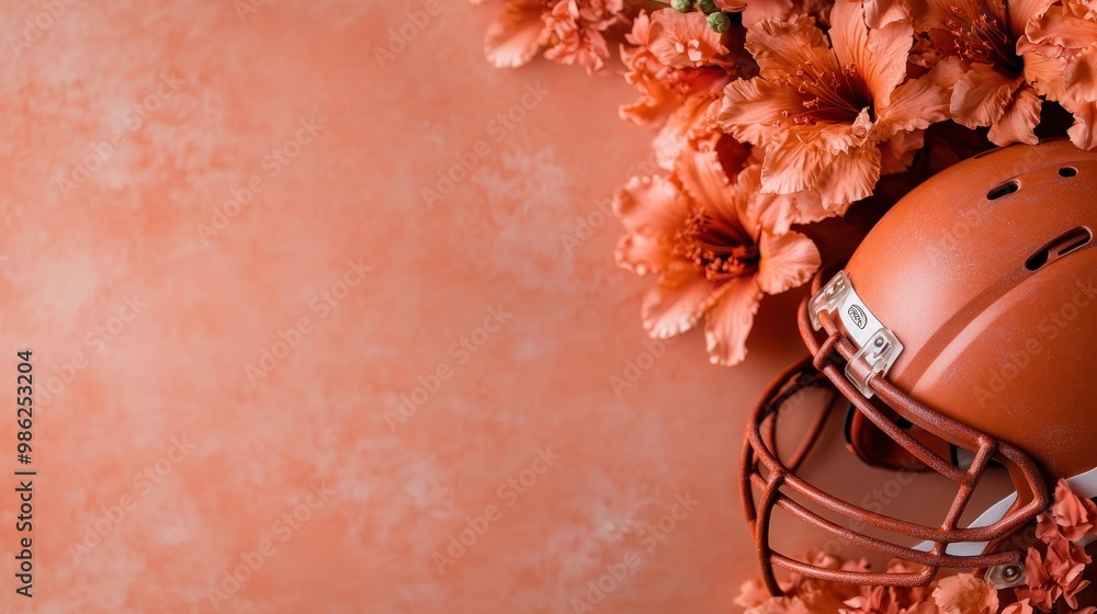 An orange football helmet laying against a textured orange background ...