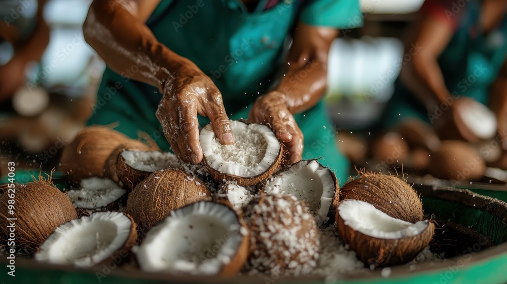 In this vivid photo, hands are shown breaking open coconuts to extract ...
