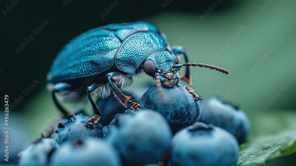 The vibrant blue beetle is shown on fresh blueberries in an up-close ...
