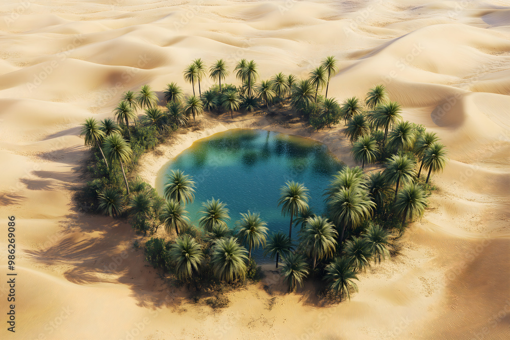 A barren desert with endless dunes, except for a small, sparkling oasis ...
