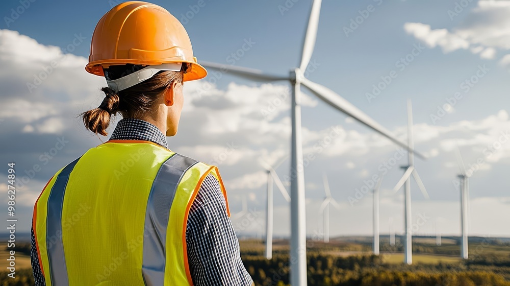 Wind energy engineer overlooking a wind farm, reflective vest and hard ...
