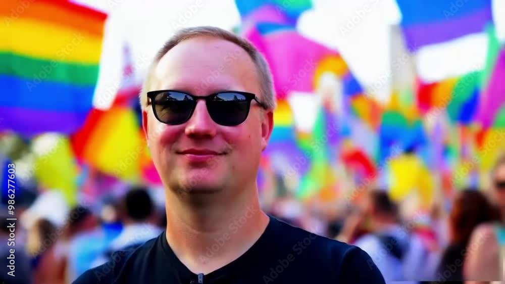 beautiful man smiling with a pride flag in background, Gay pride parade ...