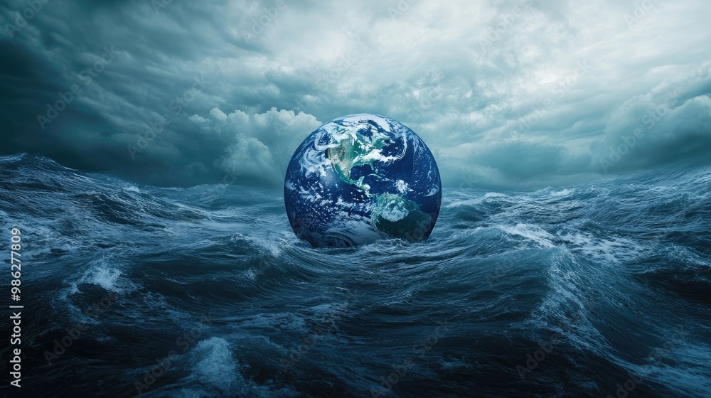 Planet Earth sinking into a vast ocean, portraying the dangers of ...