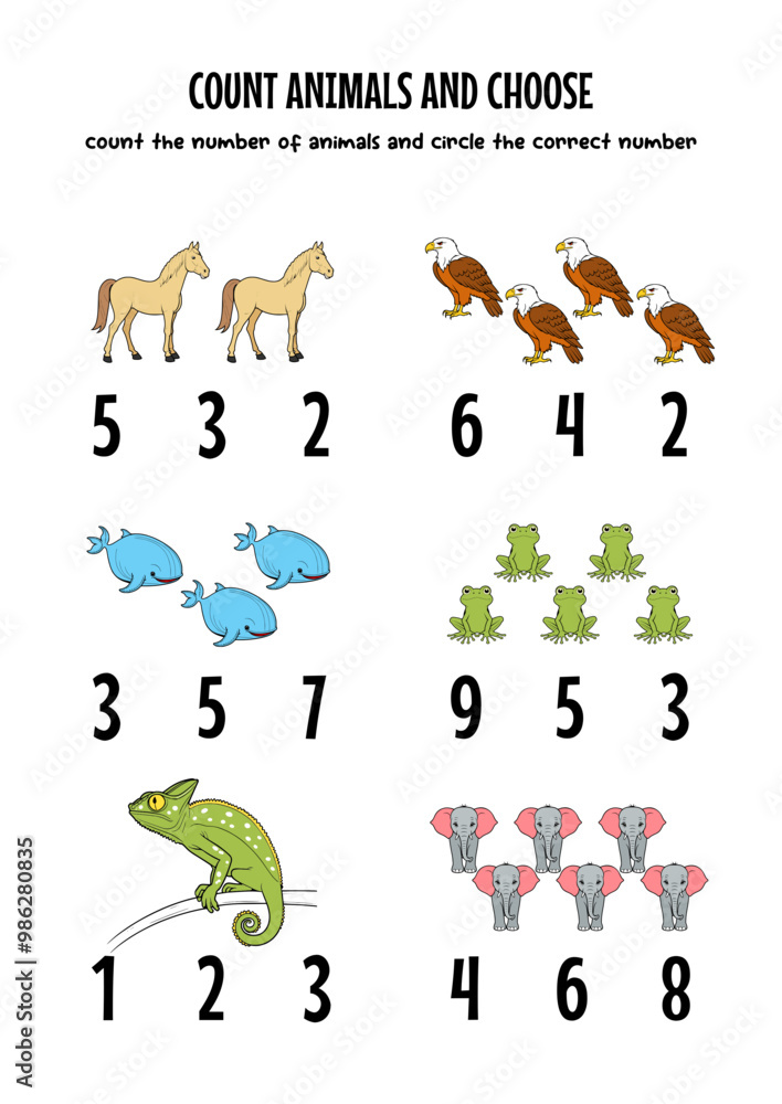 worksheets for kids, counting animals, choosing the right number Stock ...