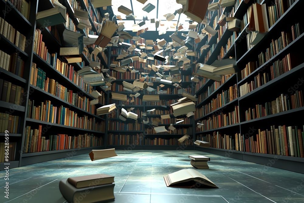 Surreal scene of books flying in a library, creating a captivating and ...