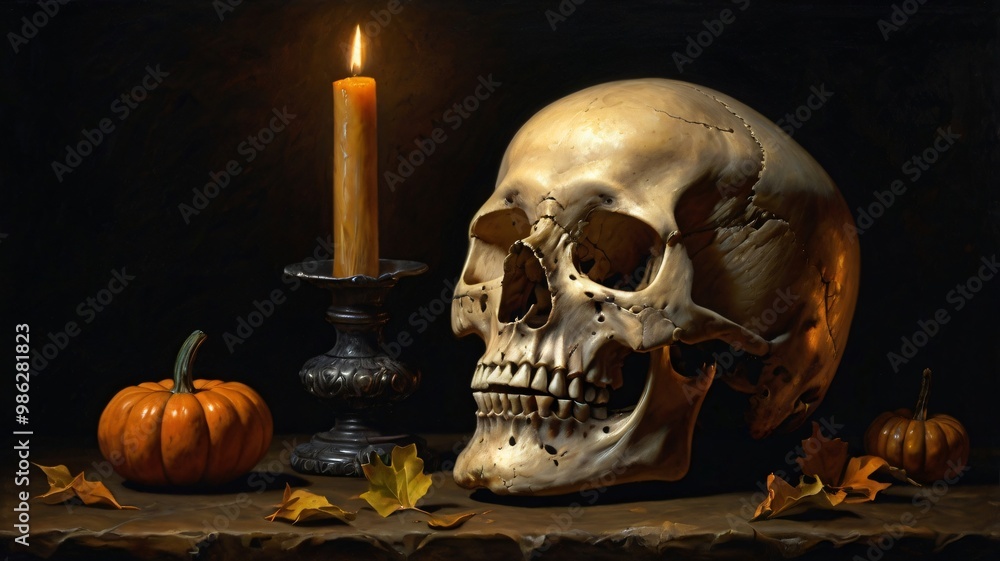Skull, Halloween, classic oil painting, Dutch Golden Age style ...