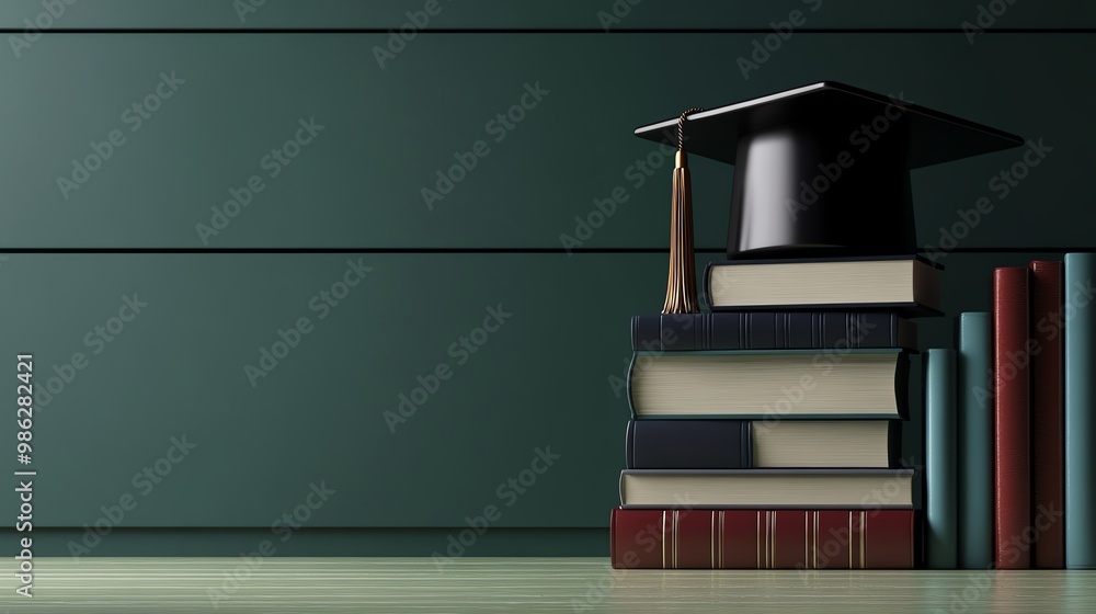 Stack of books with graduation cap on green background, symbolizing ...