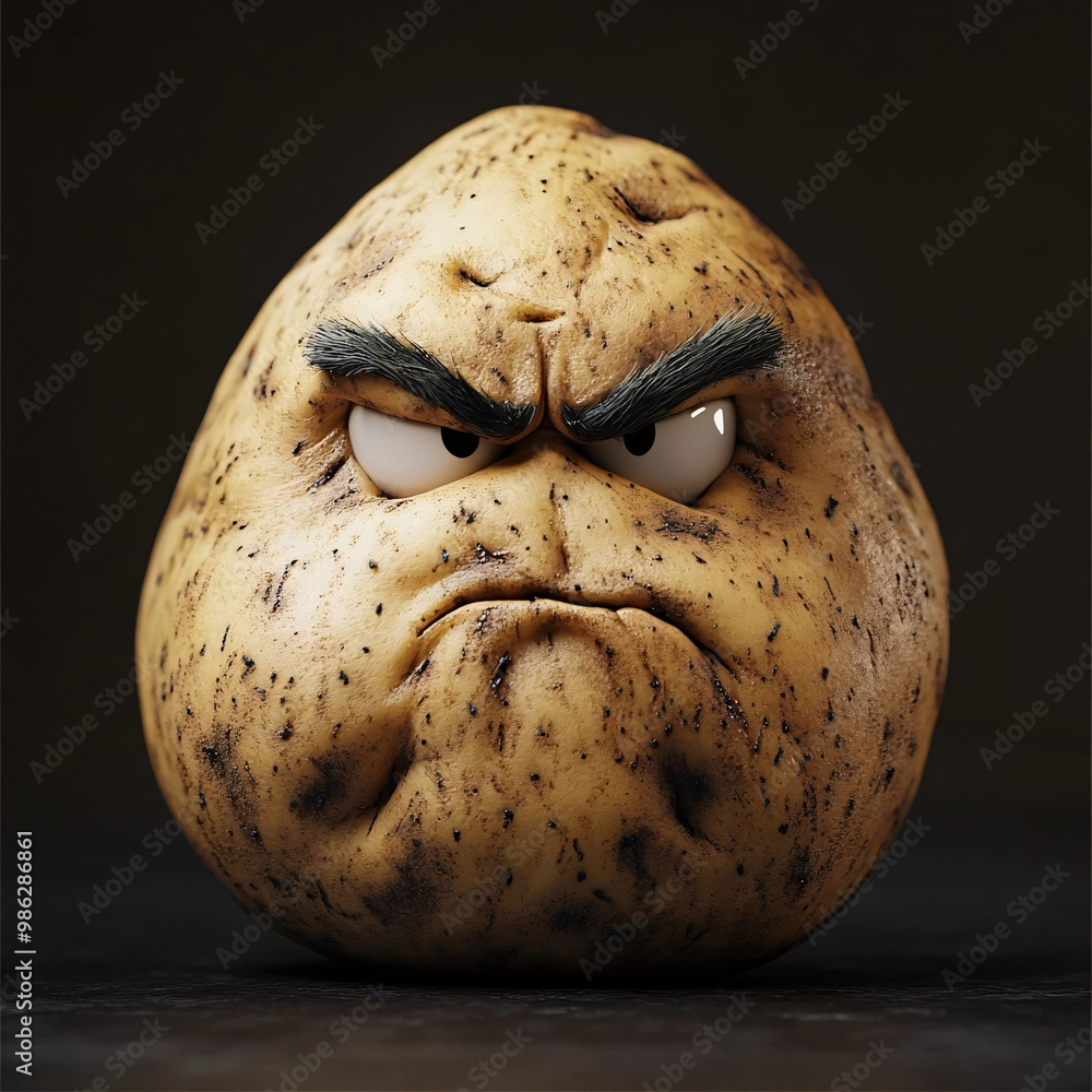 A grumpy potato with angry eyes, bushy eyebrows, and a scowling ...