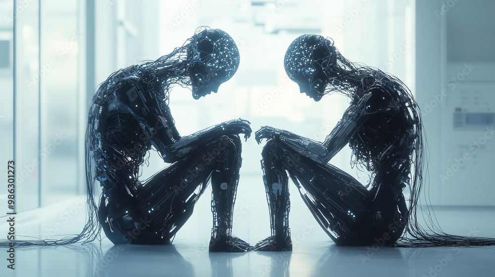 futuristic scene of a human and bio-robot sharing a neural connection ...