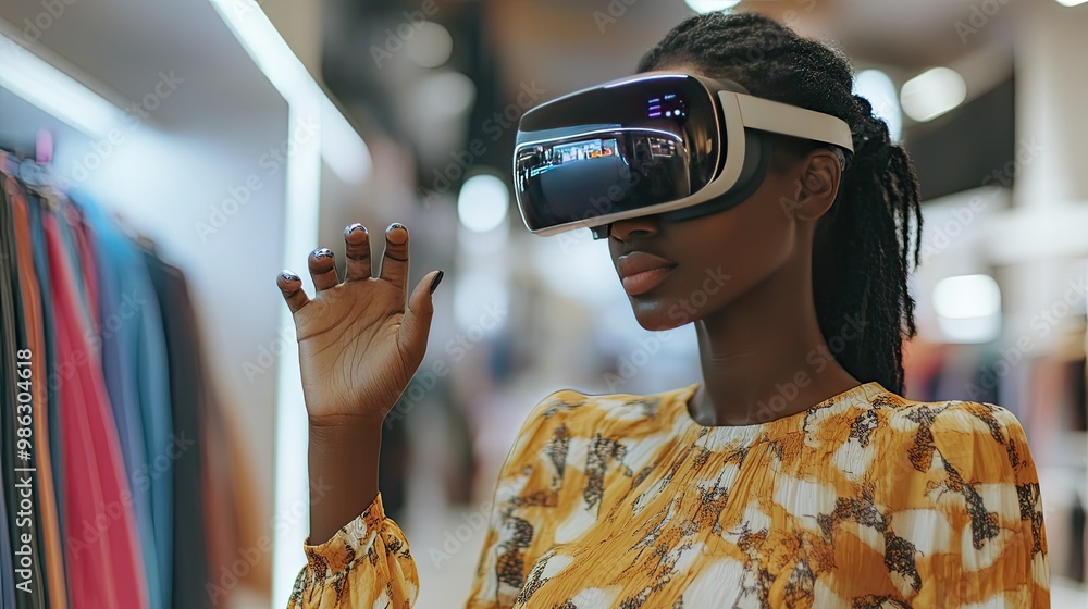 A black woman uses a virtual augmented reality headset to browse ...