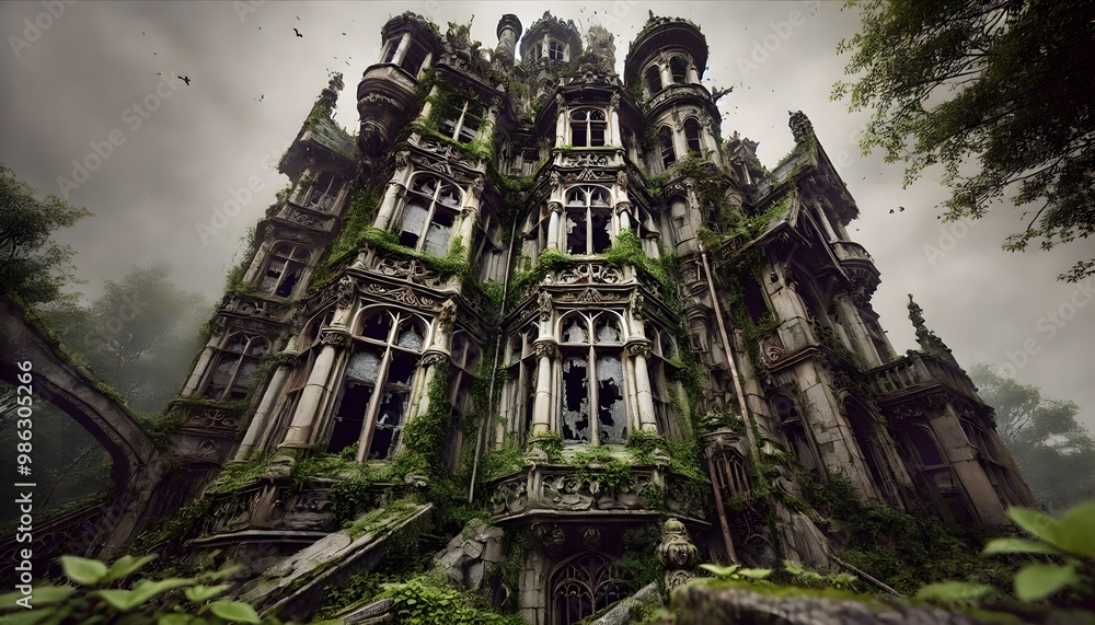 A viewpoint looking up at the ruined old castle from below. It is ...