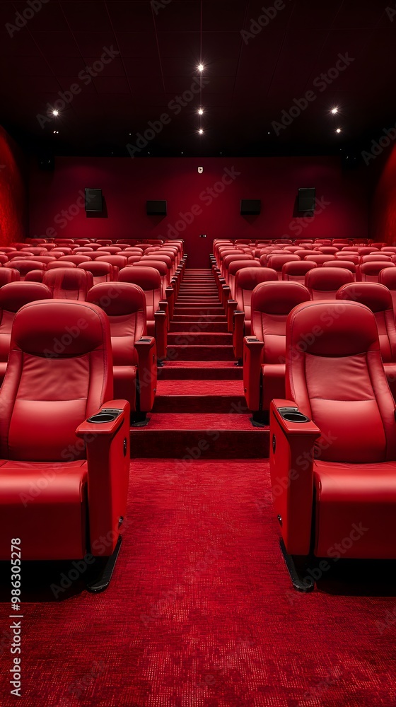 Red cinema or theater seats with armrests arranged in rows for watching ...