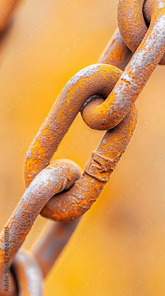 A rusty chain link is shown in a close up. The chain is old and worn ...
