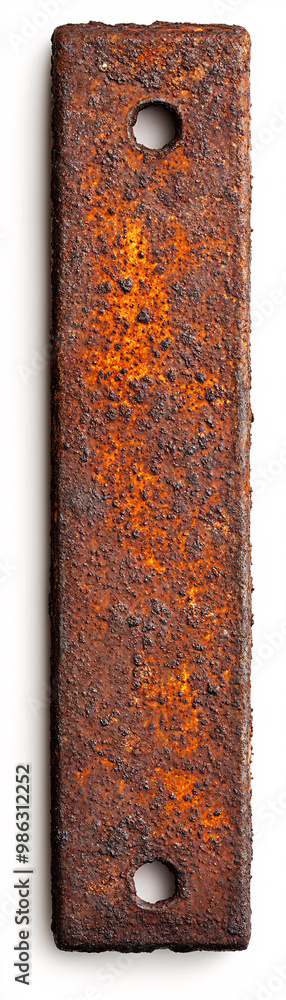 A rusty metal bar with a hole in the middle. The bar is old and worn ...
