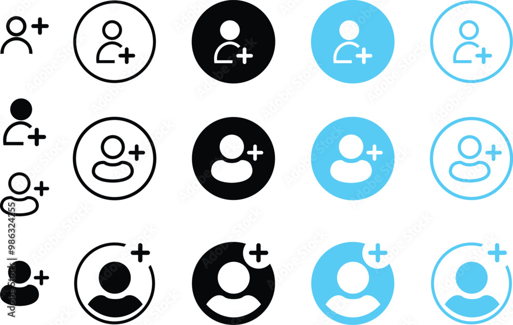 Add user icons set. Person profile avatar with plus, add account symbol ...