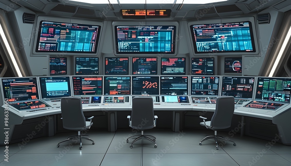 Advanced futuristic control room with interactive digital screens ...