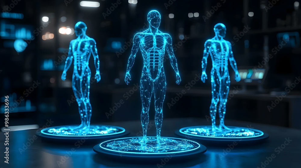 Holographic Human Figures in a Futuristic Setting, vibrant digital ...