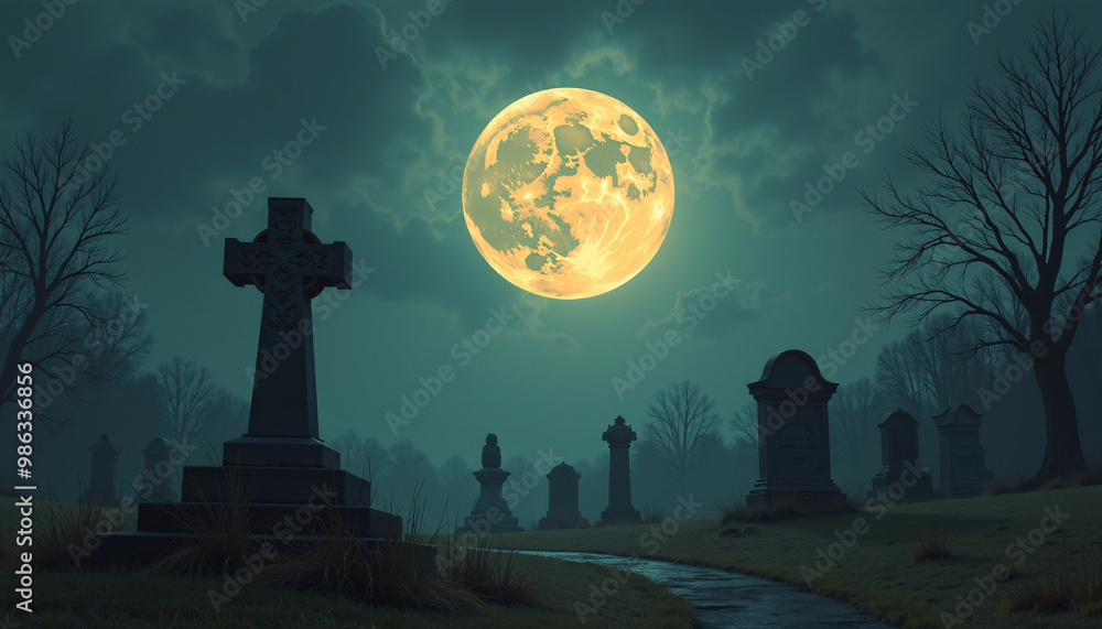 Eerie glow of a full moon over a desolate graveyard, the gravestones casting long shadows, the ...