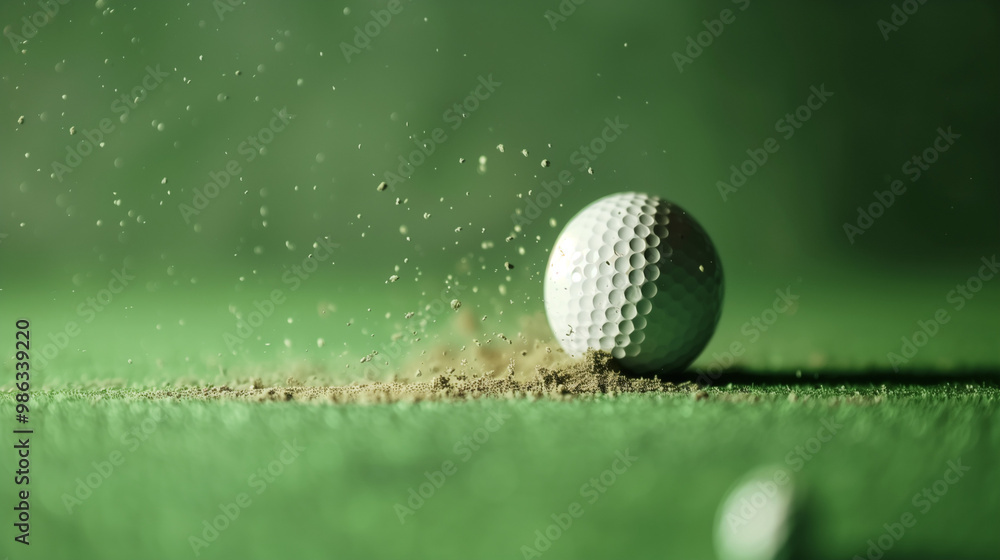 The golf ball is captured at the moment of impact with the sand ...