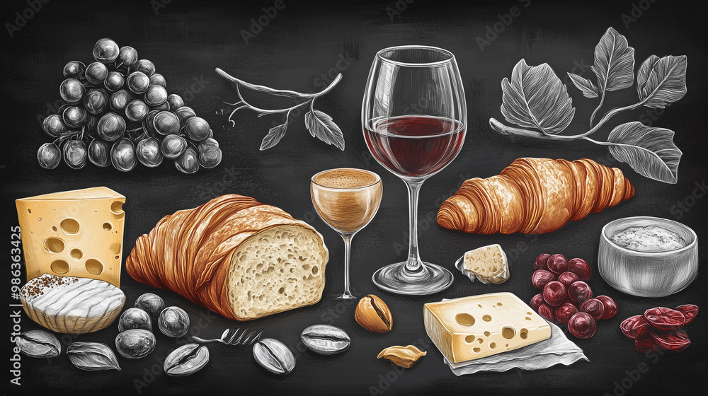 Hand drawn chalk food illustrations. Breakfast, lunch icons. Wine glass ...