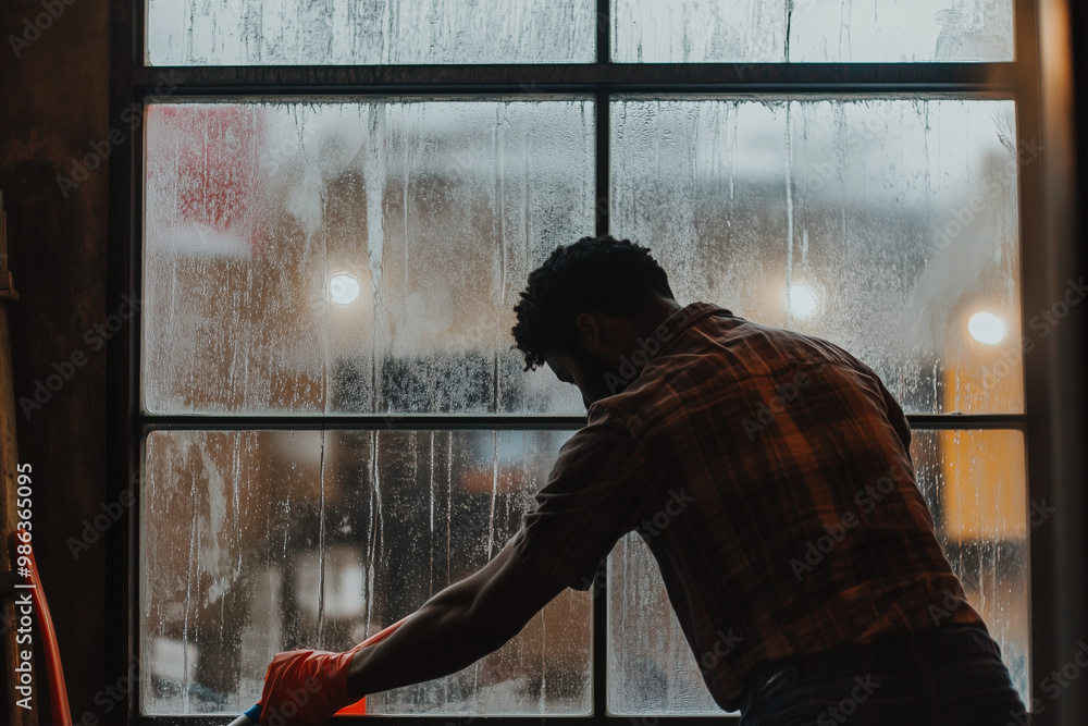 Selective focus house cleaner man cleaning glass window with wet cloth ...