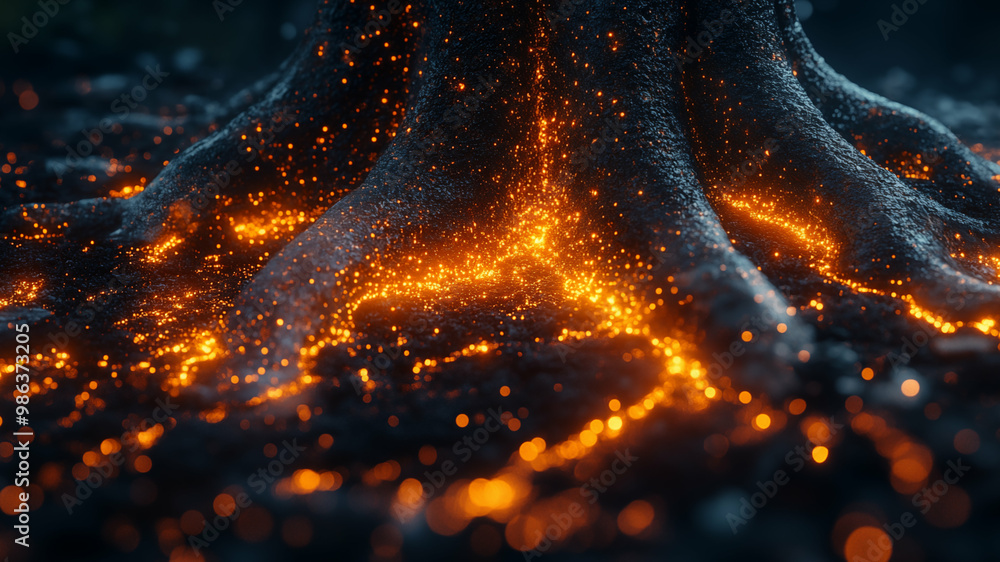Glowing embers illuminating dark tree roots. Concept of natural ...
