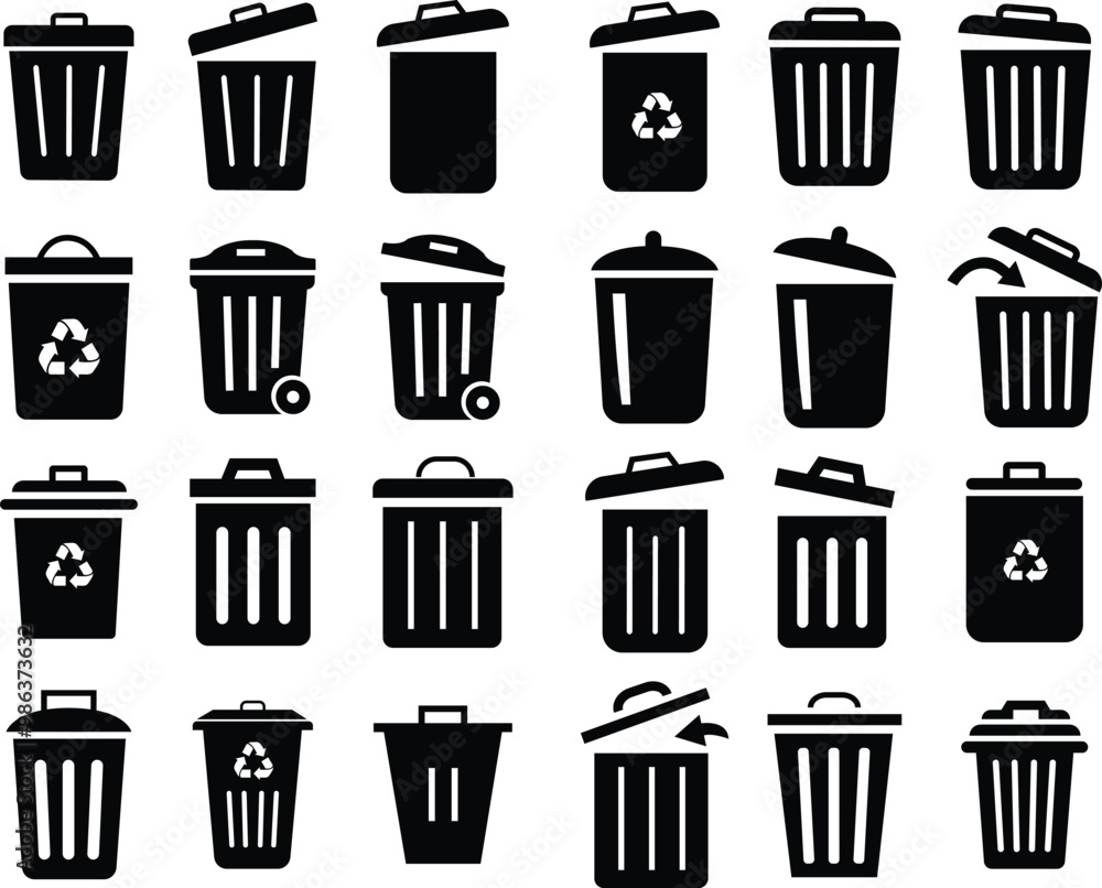 Trash bin icons set. Black vectors trash dustbin signs elements ...