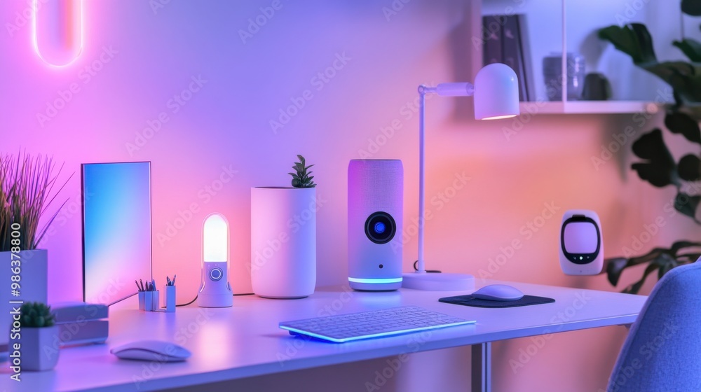 A smart home office setup with smart devices- A smart speaker providing ...