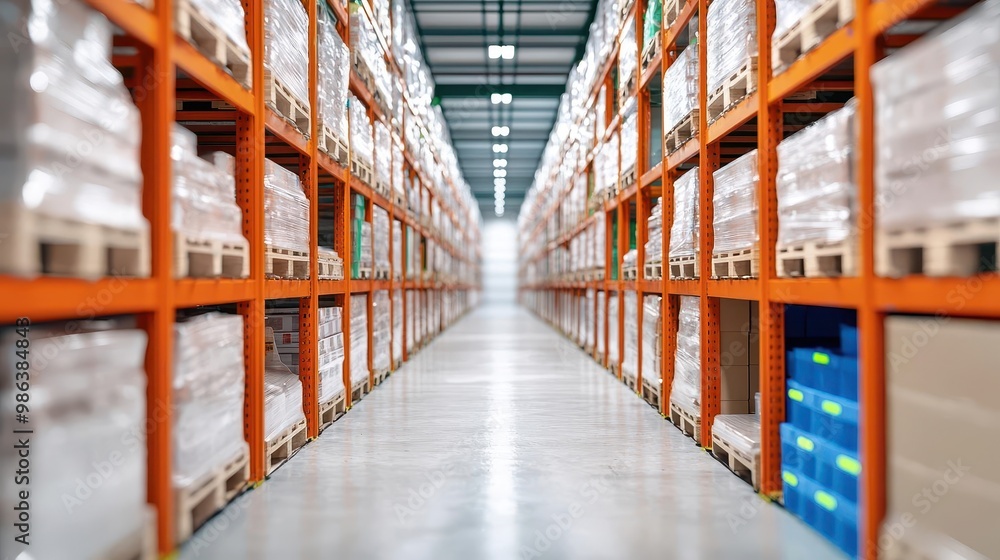 Rows of cold storage shelves in an industrial food warehouse ...