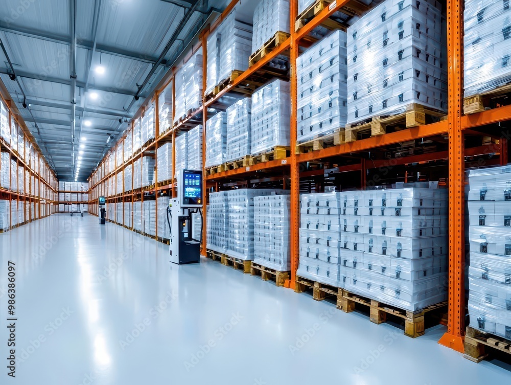 Industrial cold storage warehouse with robotic systems managing frozen ...
