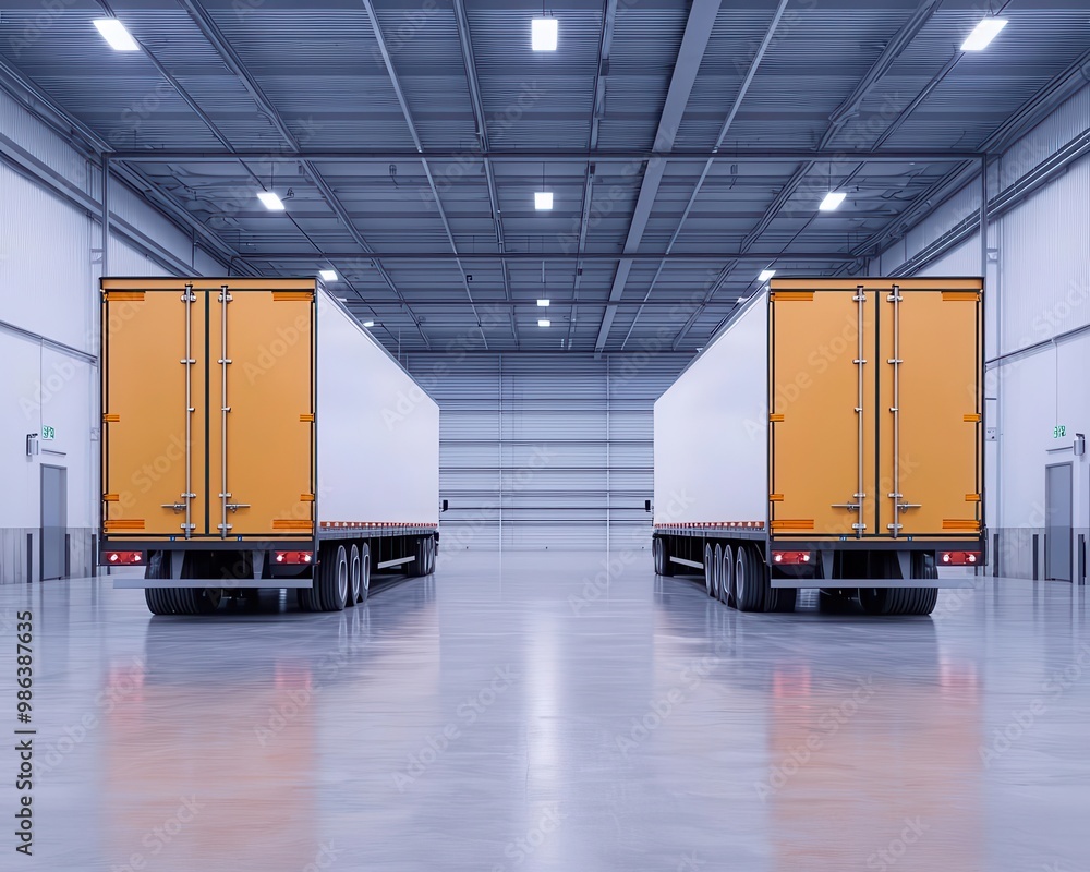 Food storage warehouse with refrigerated trucks loading frozen products ...