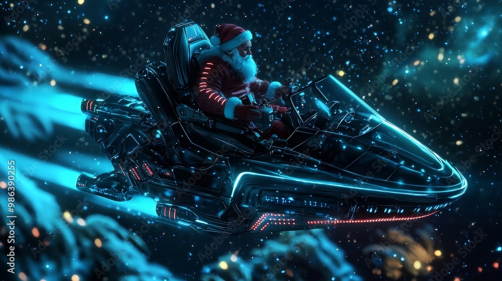 Santa claus is flying through space in a futuristic spaceship ...