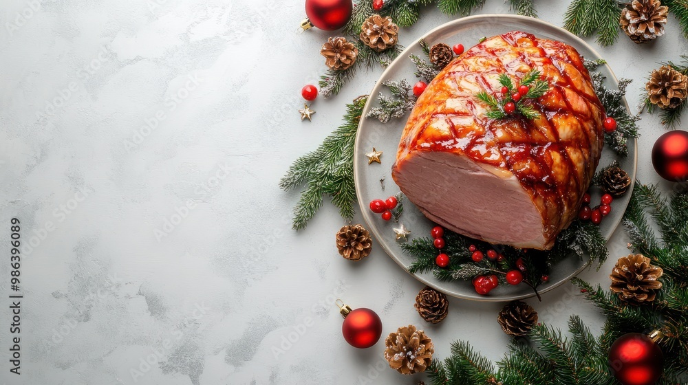 'delicious ham grey table top view space text christmas nner background ...