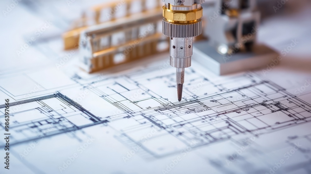 Architectural Blueprint With Pen Tool And Model Home Stock Photo ...