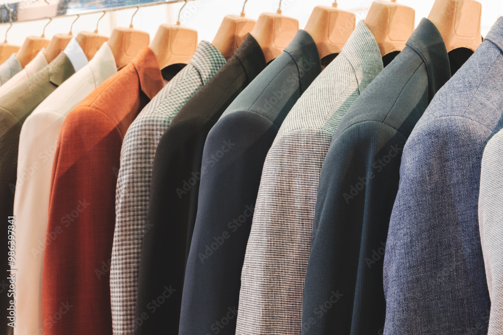 A row of suits hanging on a rack, with the blue suit on the far left ...