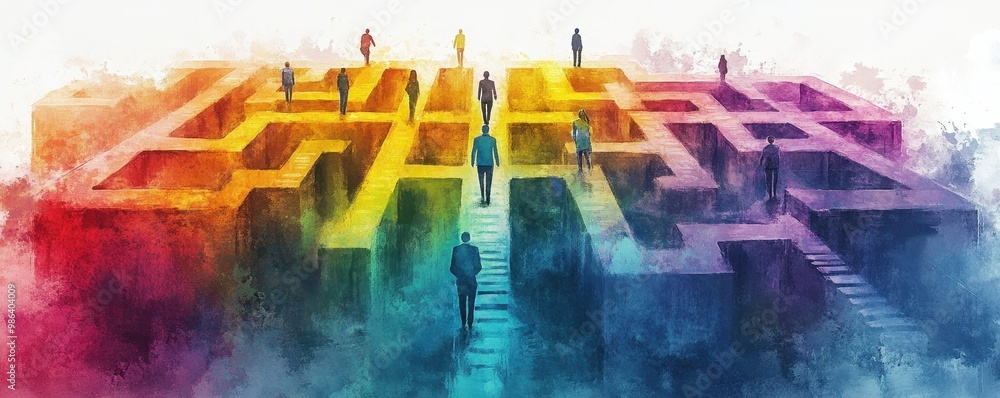 manager guiding a team through a maze of tasks, each path painted in ...