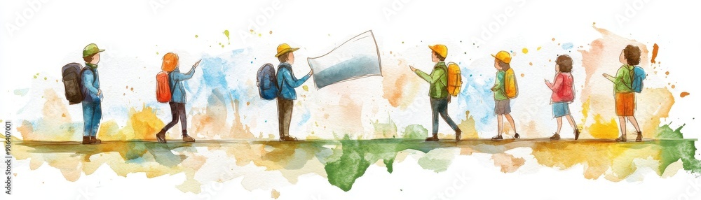 cartoon project planner rolling out a roadmap for the team, watercolor ...