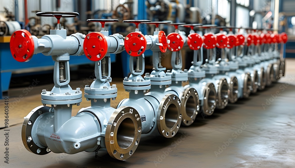 Industrial red valve with flanges for pipe connections, designed for ...