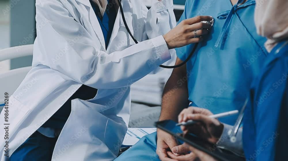 Asian professional male doctor in white lab coat using stethoscope ...
