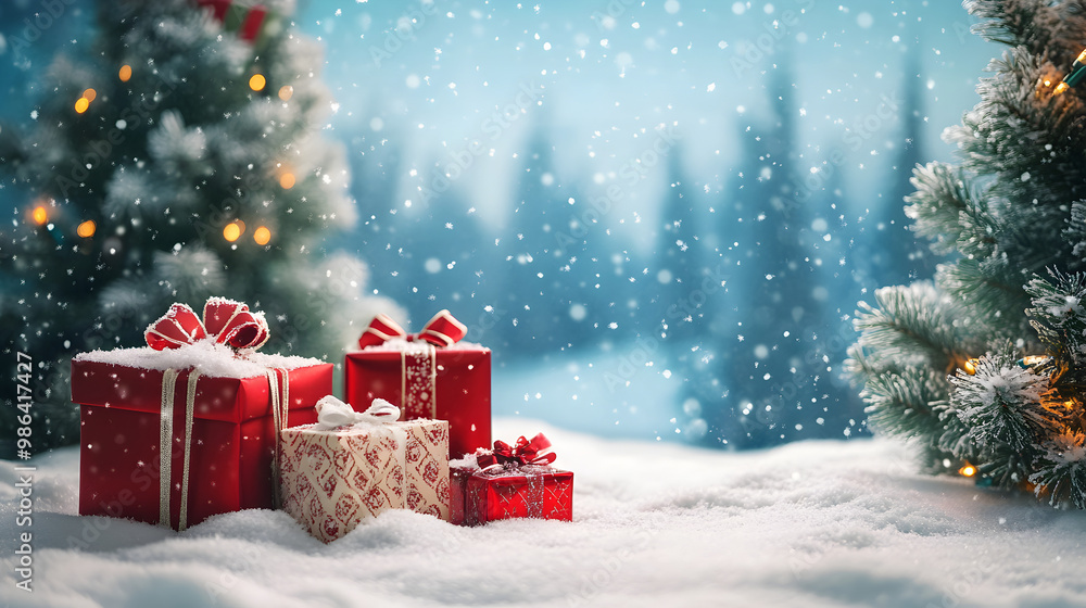 un fondo de navidad con arboles decorados con esferas y luces y cajas ...