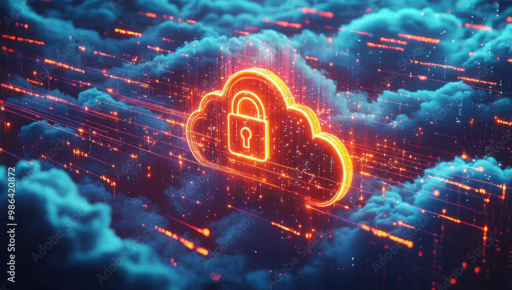 Abstract illustration of cloud security services, stylized cloud icon integrated with a secure ...