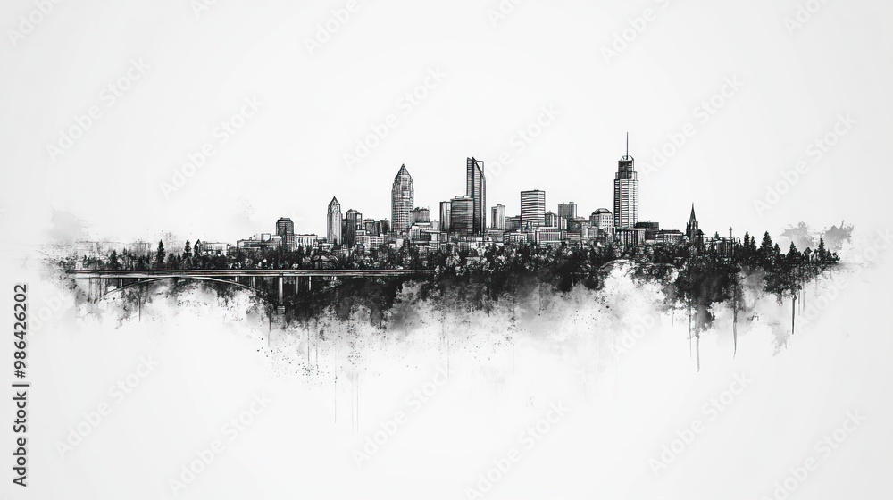 Spokane, Washington, black and white pen pencil hand-drawn effect ...