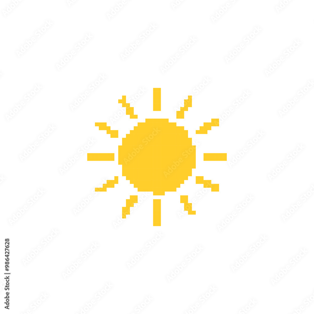 Pixelated sun illustration. Simple pixel art of a yellow sun with rays ...