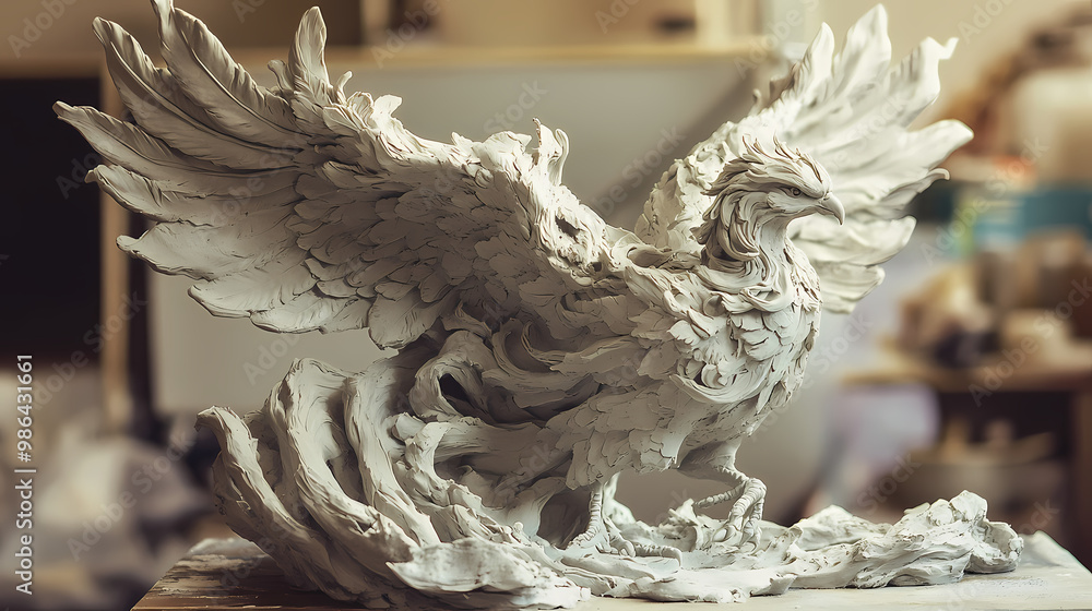 Craft a clay sculpture of a mythical phoenix rising from the ashes ...