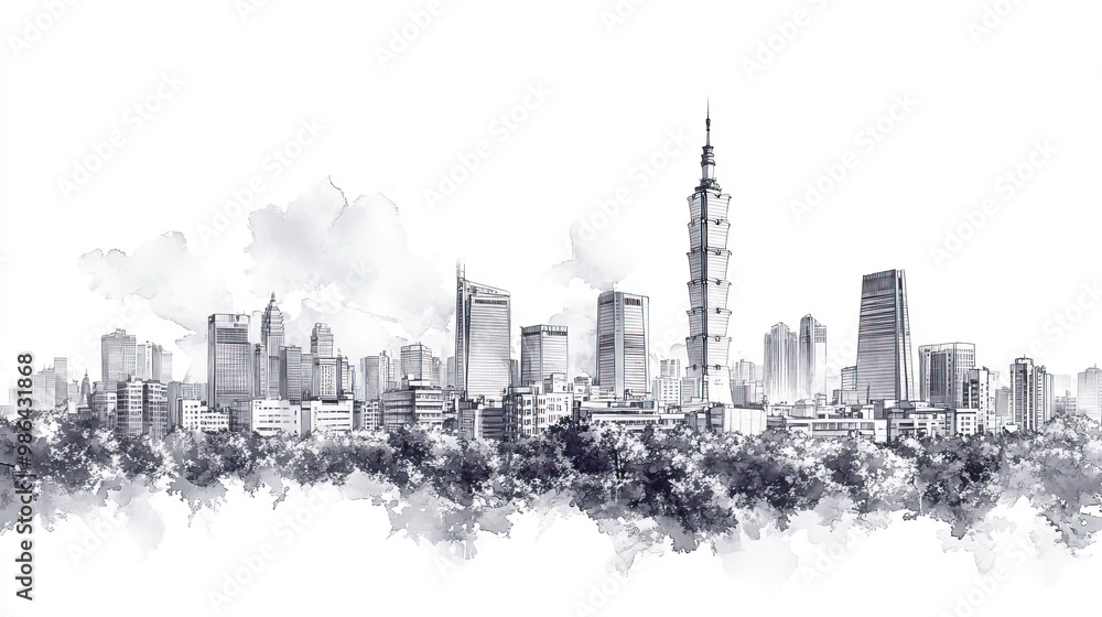 Taichung, Taiwan, black and white pen pencil hand-drawn effect drawing ...