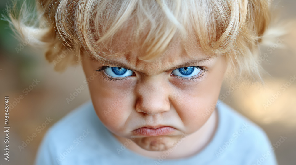 Toddler with blonde hair and bright blue eyes, frowning intensely in an ...